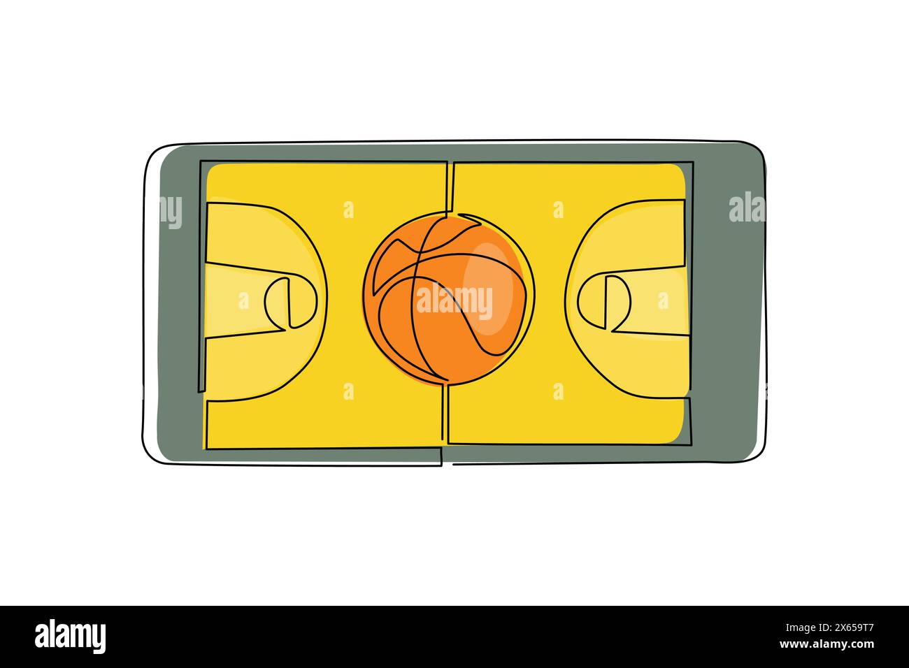 Continuous one line drawing basketball court and basketball ball in ...