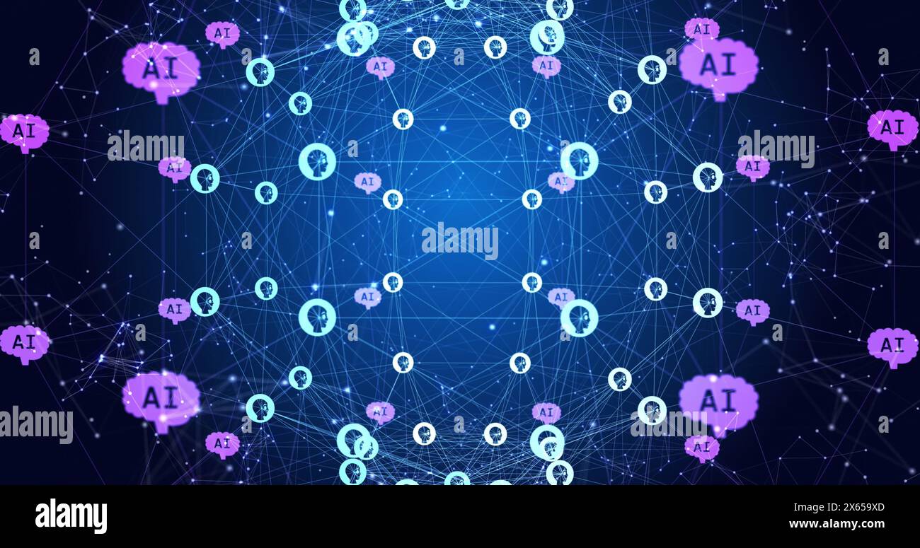 Image of connected people icons, ai text and dots forming globe and ...