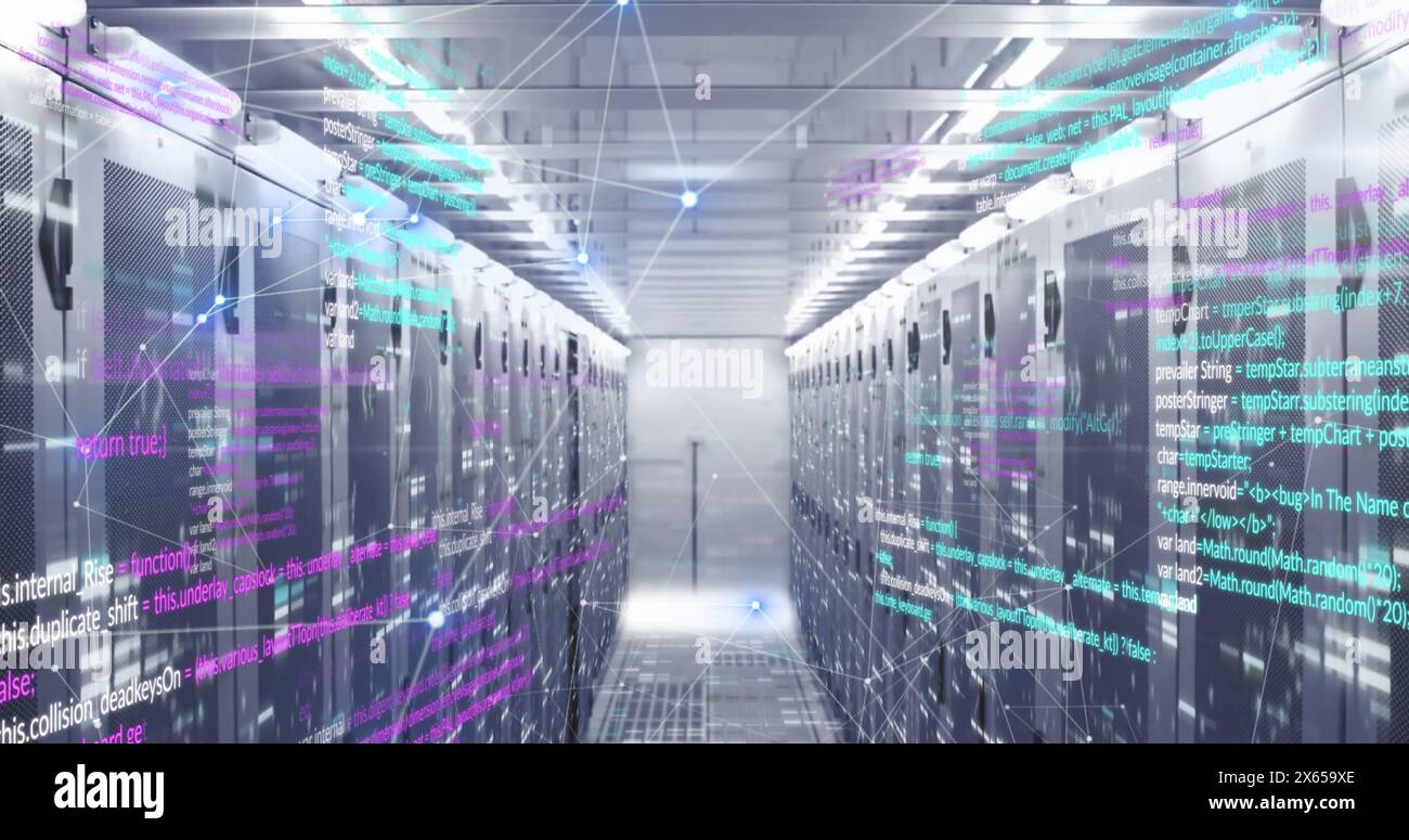 Image of connected dots and computer language over data server racks in server room Stock Photo ...