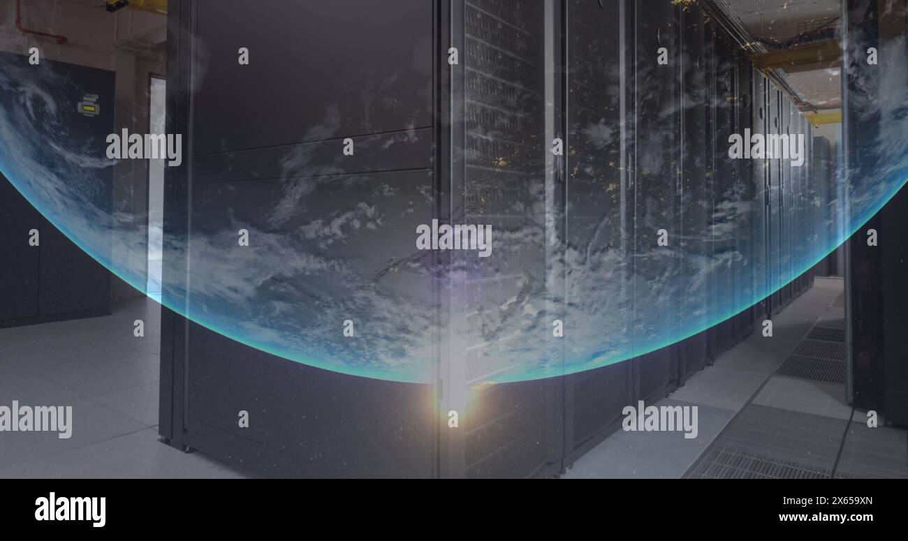 Image of rotating globe and lens flare over server room in background ...