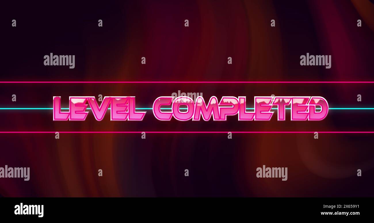 Image of glitch effect over level completed text against red digital ...