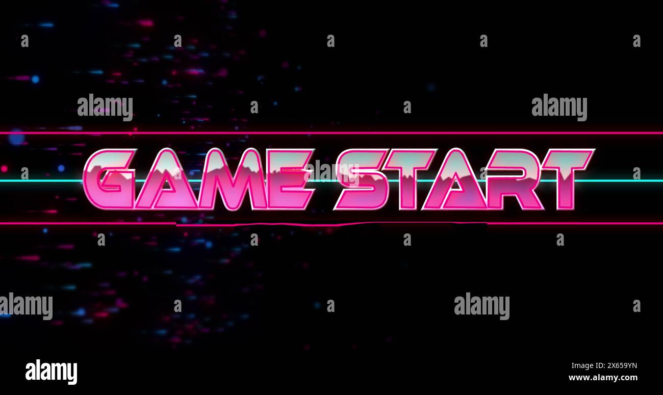 Image of glitch effect over game start text against blue and red spots ...