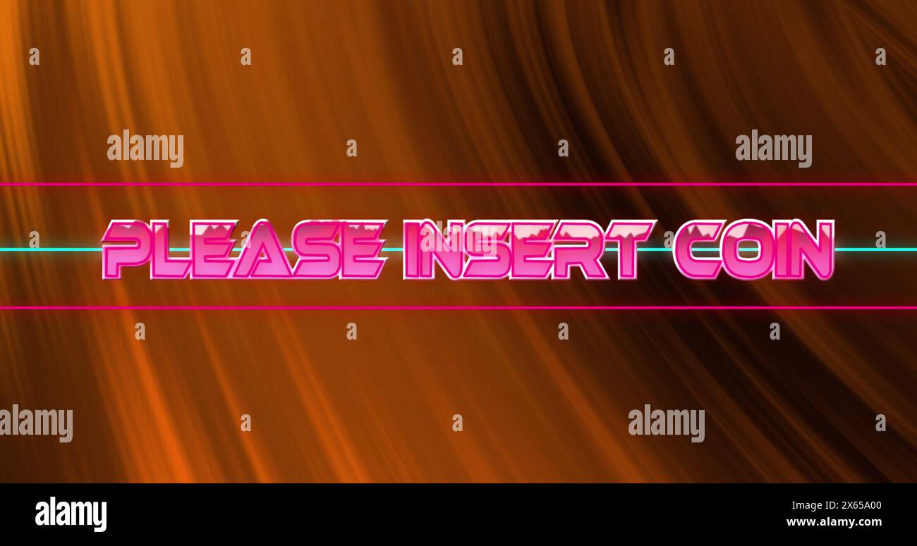 Image of glitch effect on please insert coin text and orange digital ...