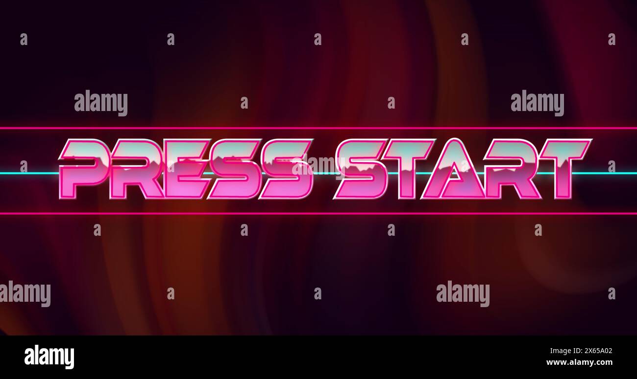 Image of glitch effect over press start text banner against red digital ...