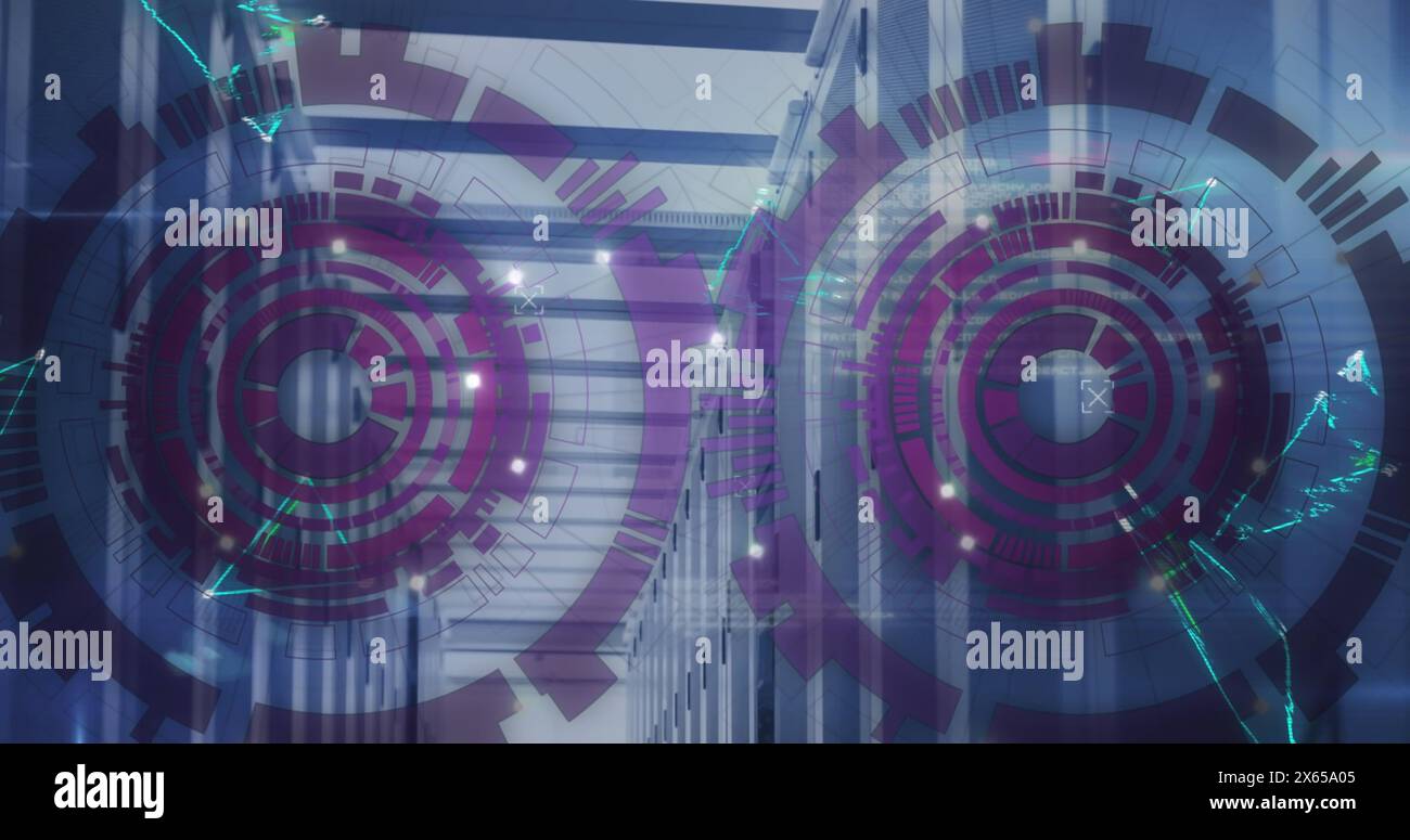 Image of loading circles, connected dots forming triangles over data server room Stock Photo - Alamy