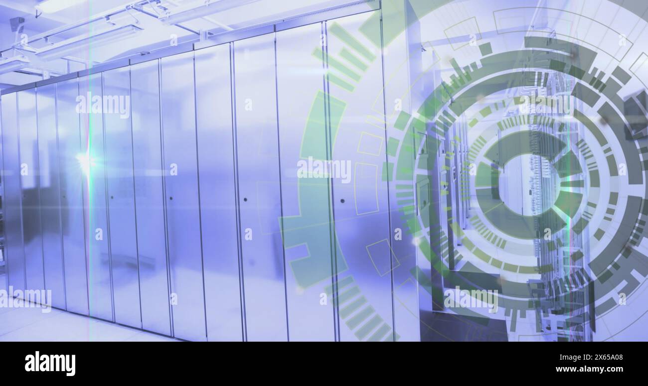 Image of loading circles and lens flares on data server racks in server ...