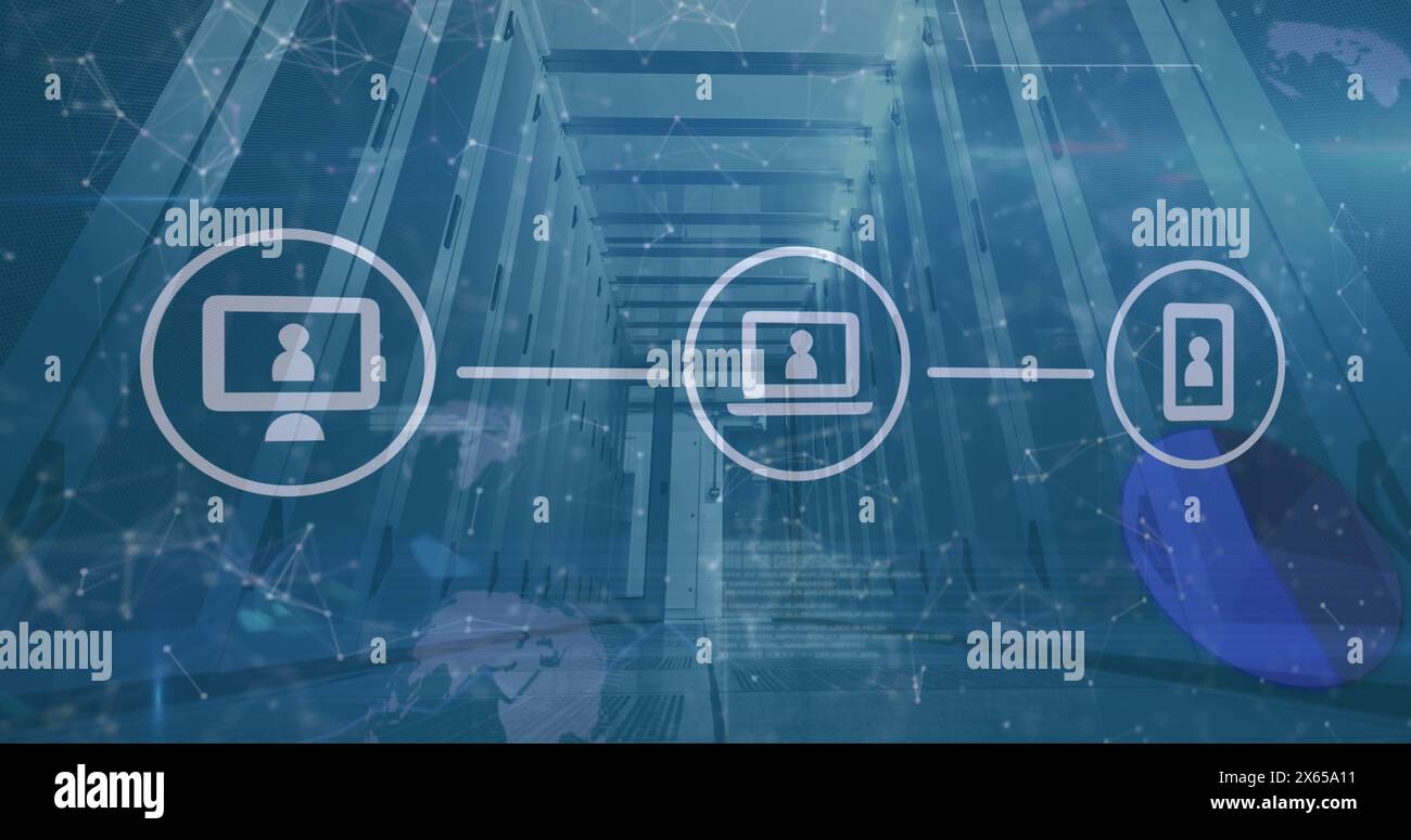 Image of phone, laptop, computer icons forming flowchart and connected ...