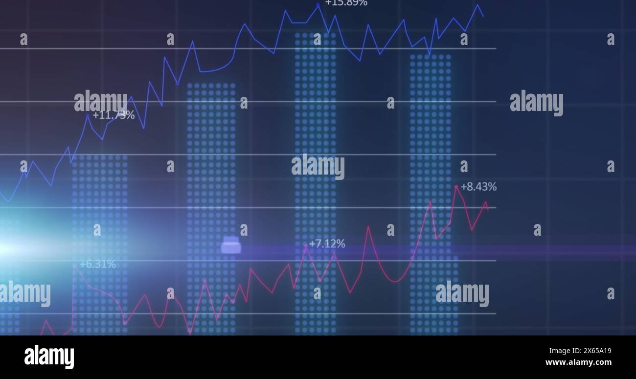 Image of multiple graphs with changing numbers over grid pattern and lens flares Stock Photo - Alamy