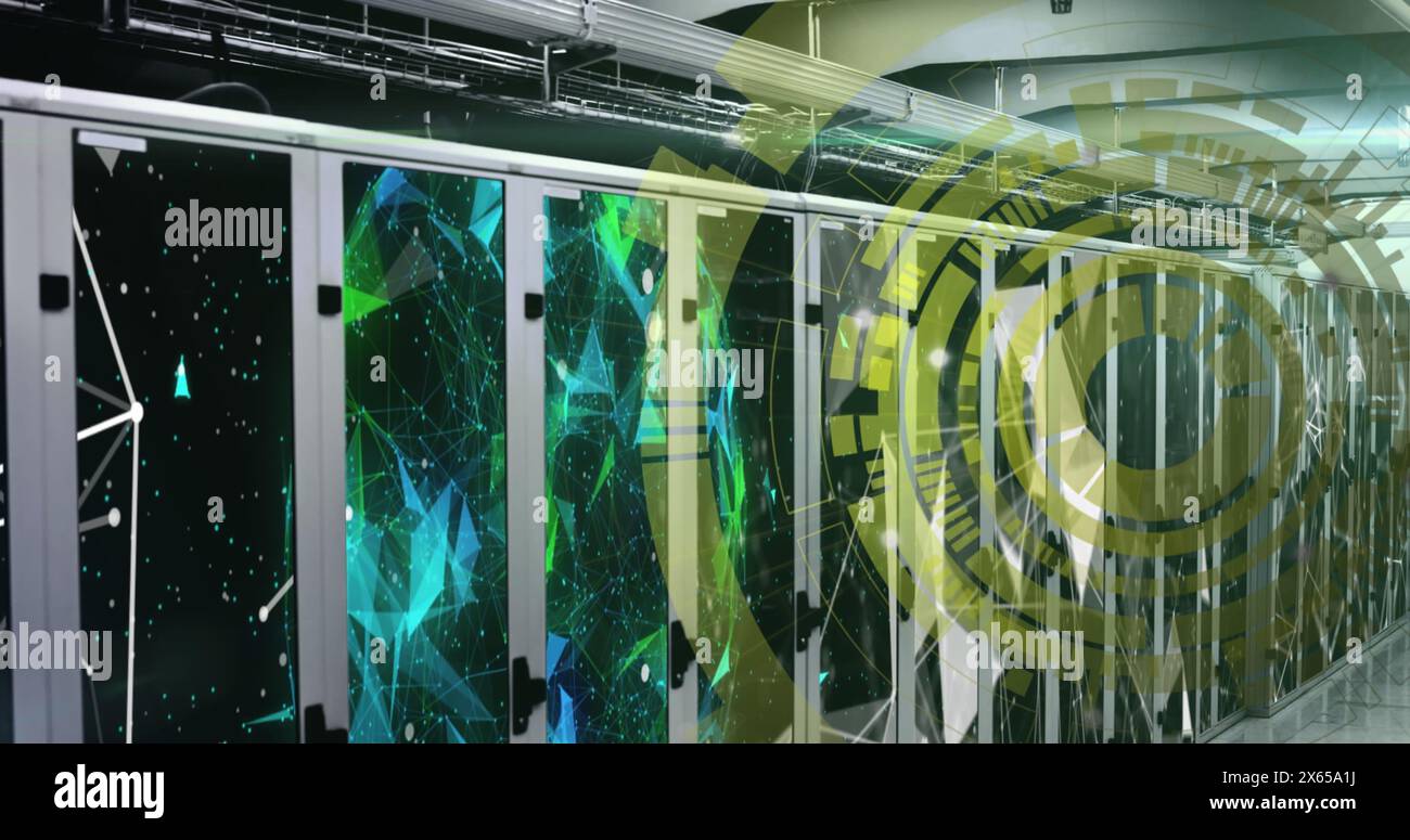 Image of loading circles over connected dots and globe over data server racks in server room ...