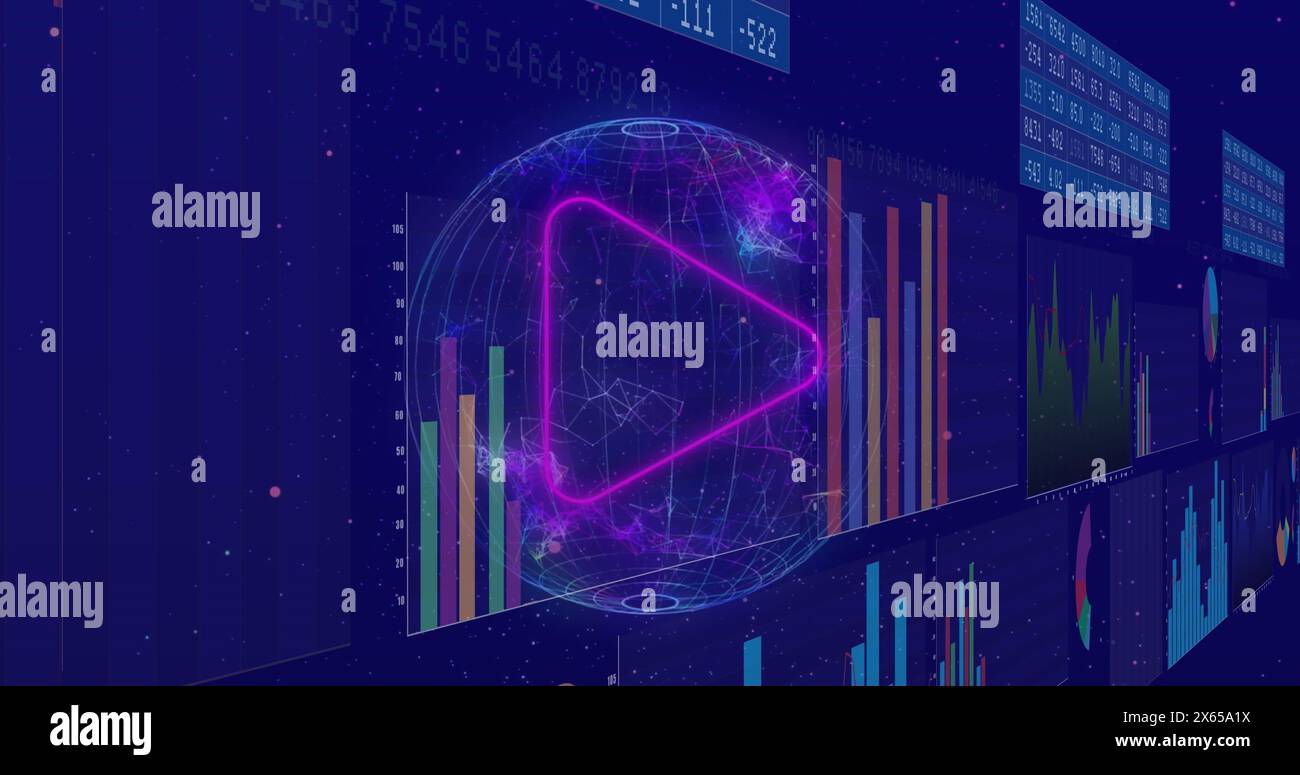 Image of multiple graphs and numbers charts with connected dots on globe over blue background ...