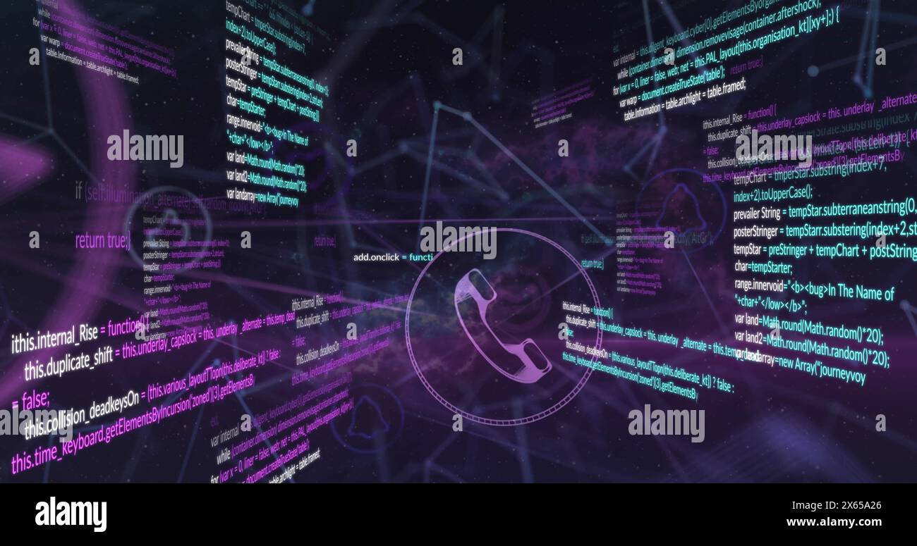 Image of multicolored computer language and multiple connected icons ...