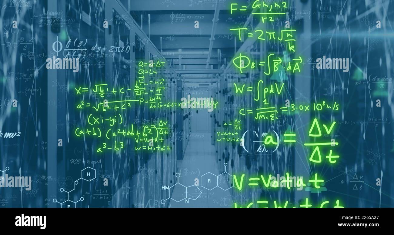 Image of mathematical equations over connected dots on data server racks in server room Stock ...