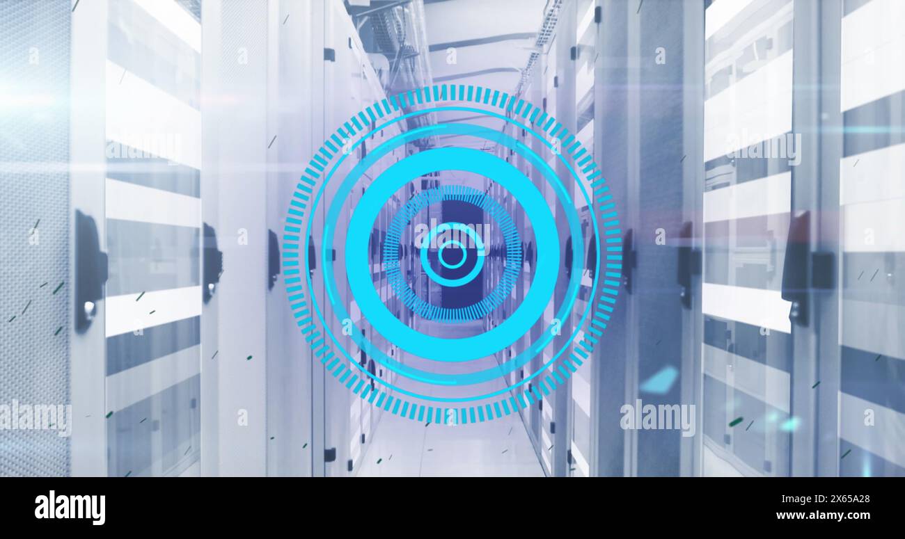Image of neon round scanner, black particles and light trails against computer server room Stock ...