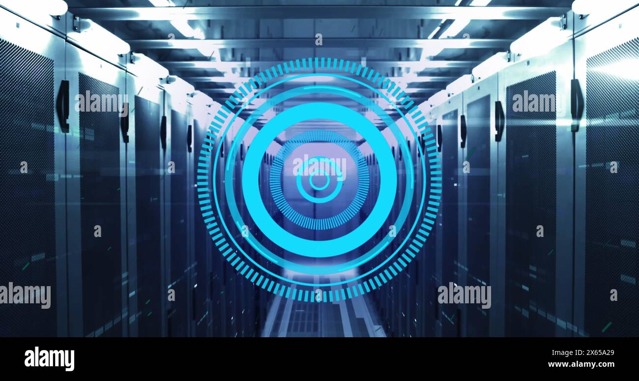 Image of neon round scanner, black particles and mosaic squares against ...