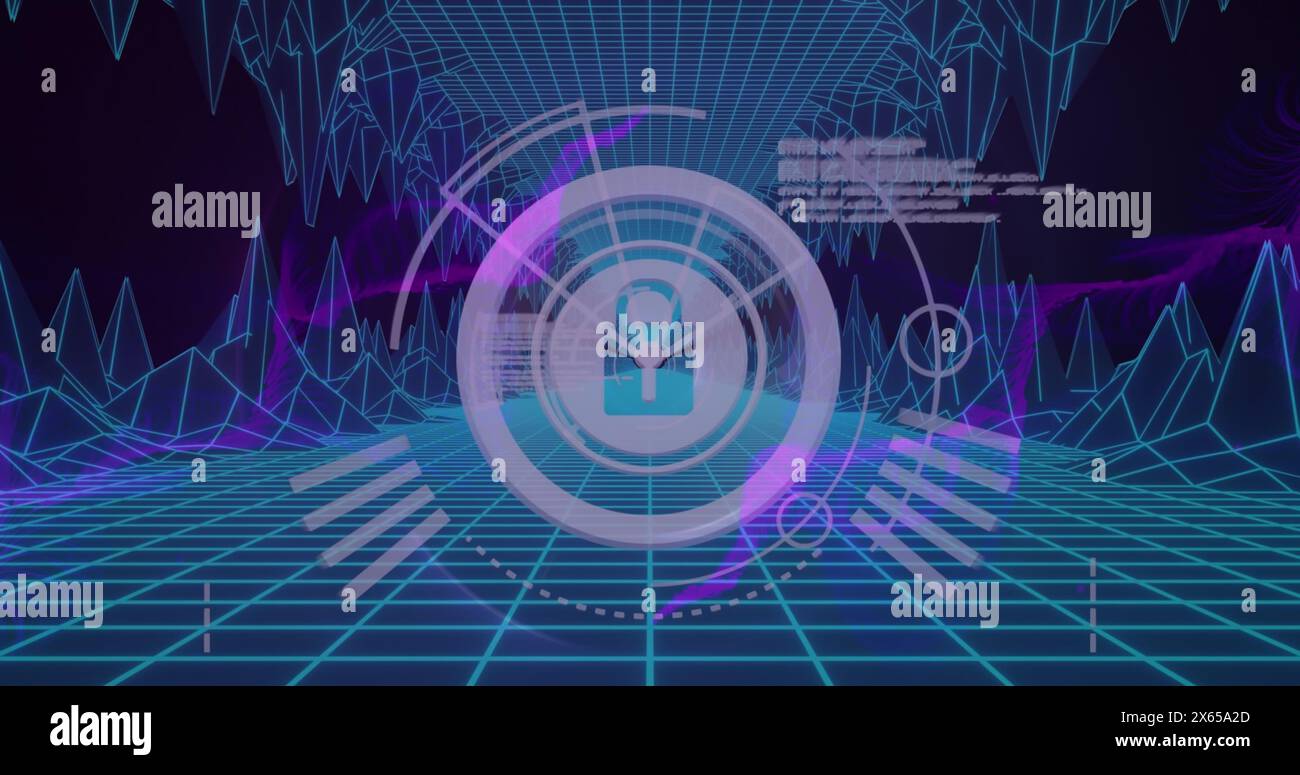 Image of padlock in loading circles, dynamic waves, computer language over 3d mountains Stock ...