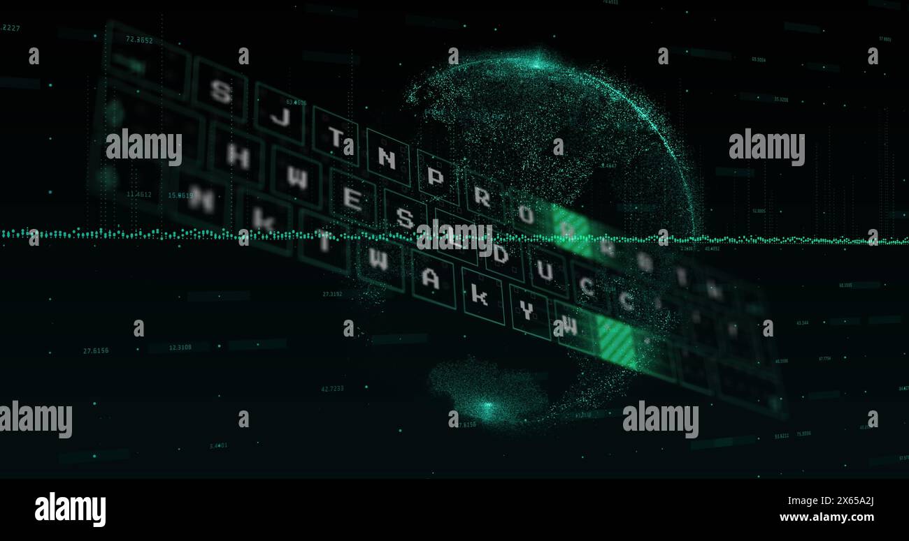 Image of graphs, moving pattern on keyboard, changing numbers and globe over black background ...