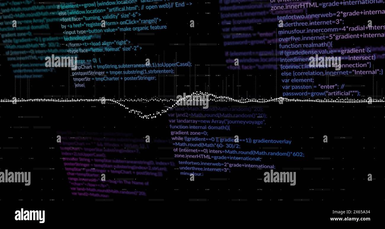 Image of multiple graphs with changing numbers and computer language over black background Stock ...