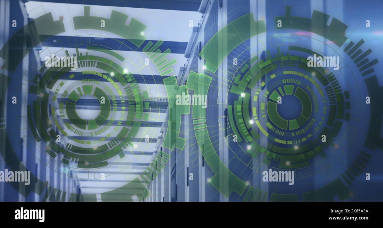 Image Of Loading Circles And Computer Language Over Data Server Room