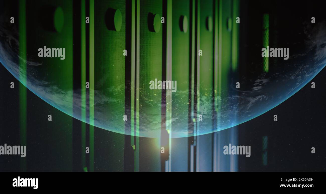 Image of rotating globe and lens flare over server room in background ...