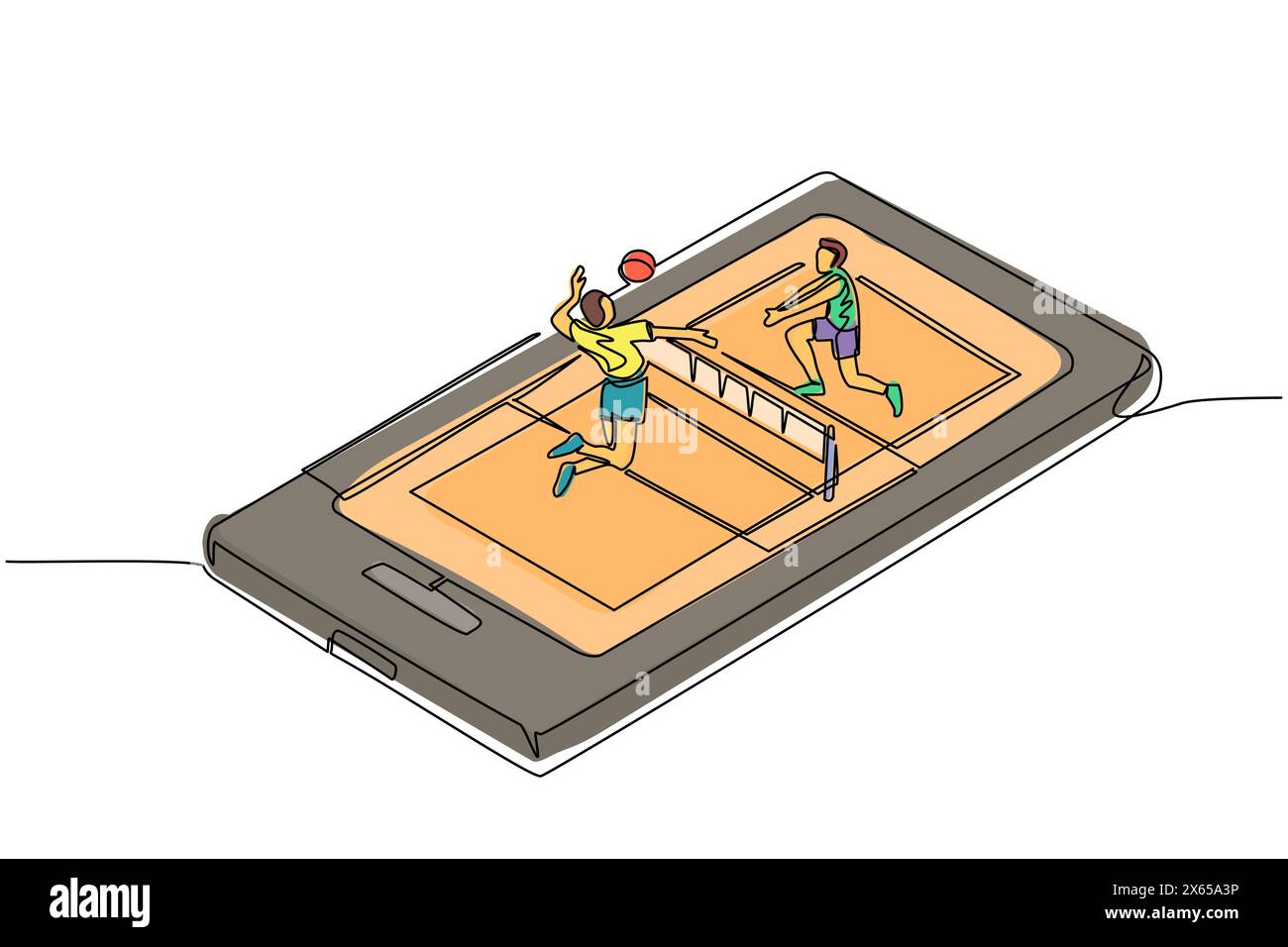 Single continuous line drawing volleyball court with two players on ...