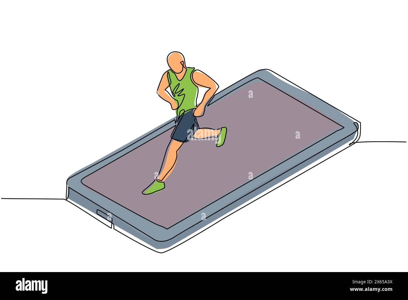 Single one line drawing man running on smartphone screen treadmill ...