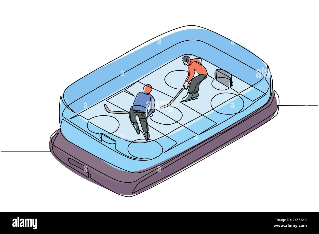 Single continuous line drawing ice hockey rink with two players on ...