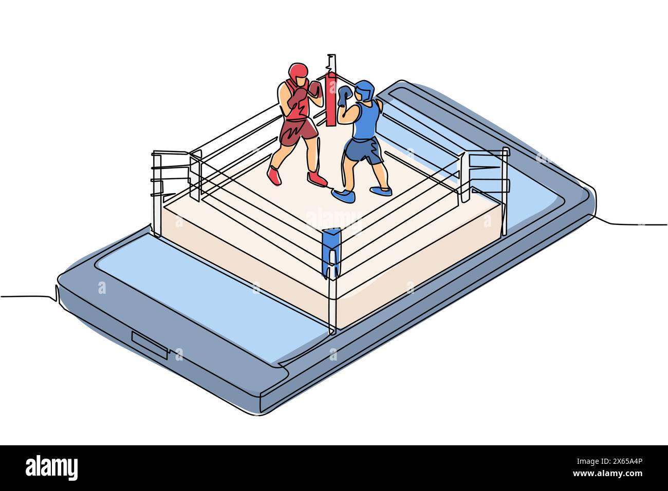 Single continuous line drawing boxing ring with two boxers on ...