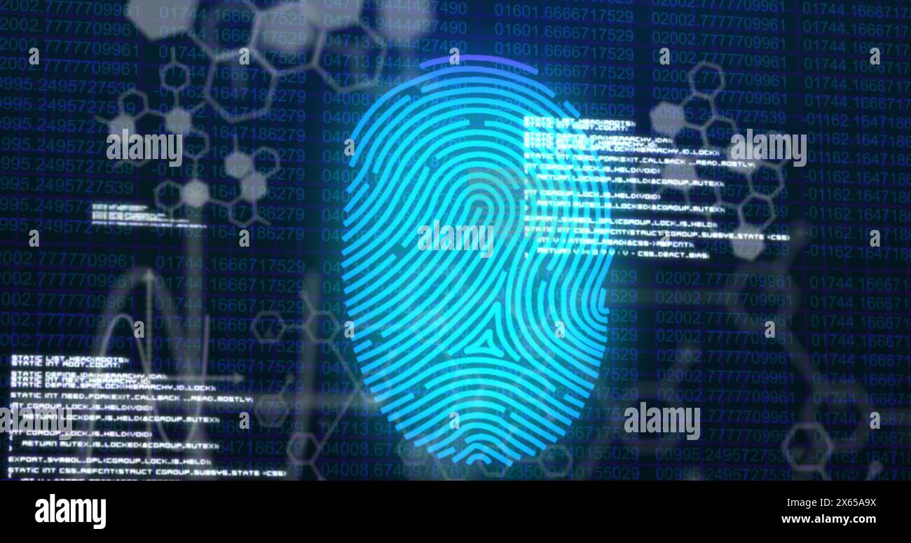 A blue fingerprint overlaying digital data, symbolizing cybersecurity. Blue background ...