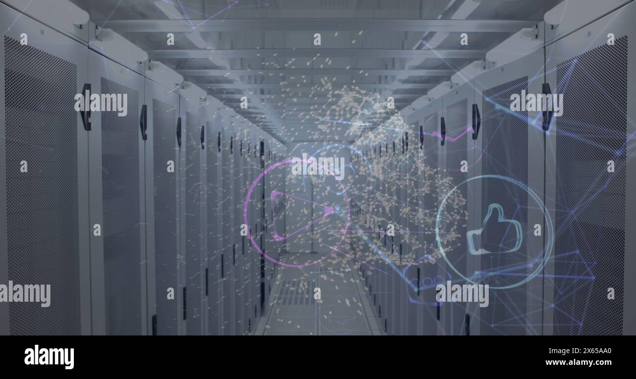 Server racks lining corridor, digital data flowing with icons Stock ...