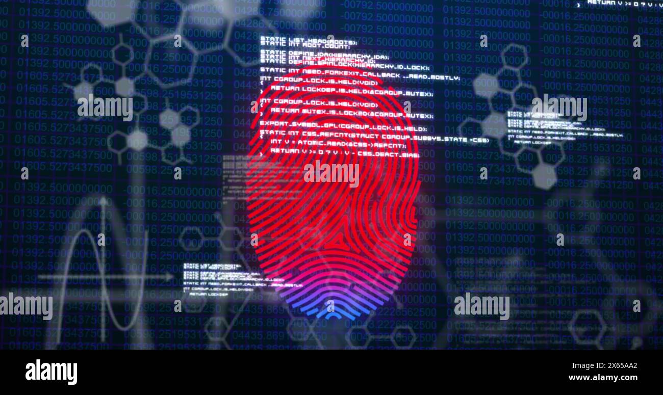 Red Fingerprint Overlaying Digital Data And Binary Code Symbolizing