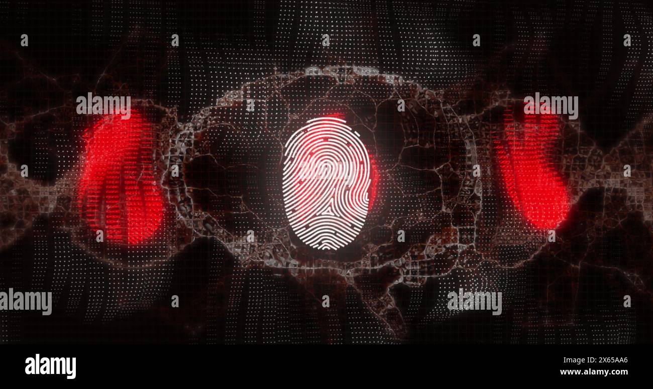 Red digital footprints and fingerprint glowing on dark world map ...