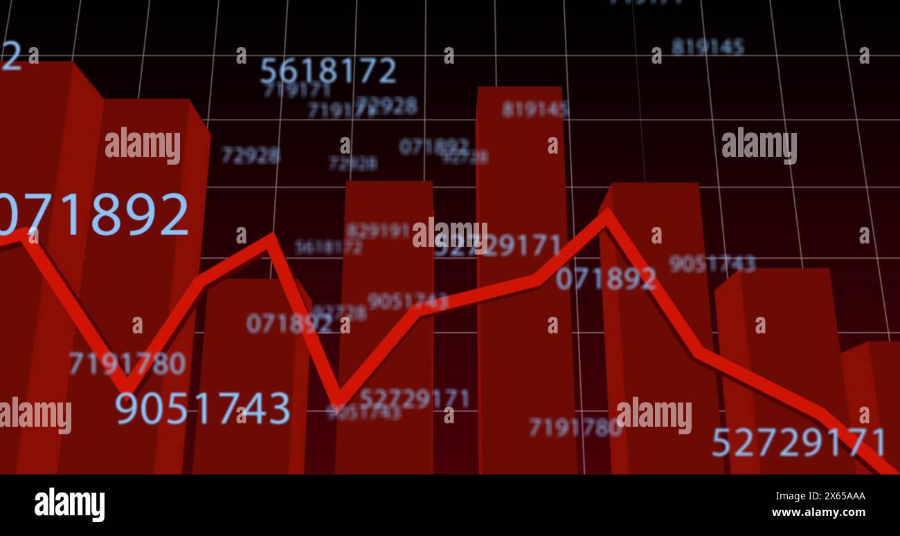 Red graph line showing decline among numbers on dark background Stock ...