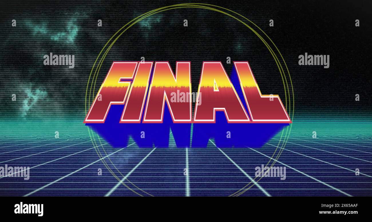 Final text banner with shadow effect over circular banner against grid ...