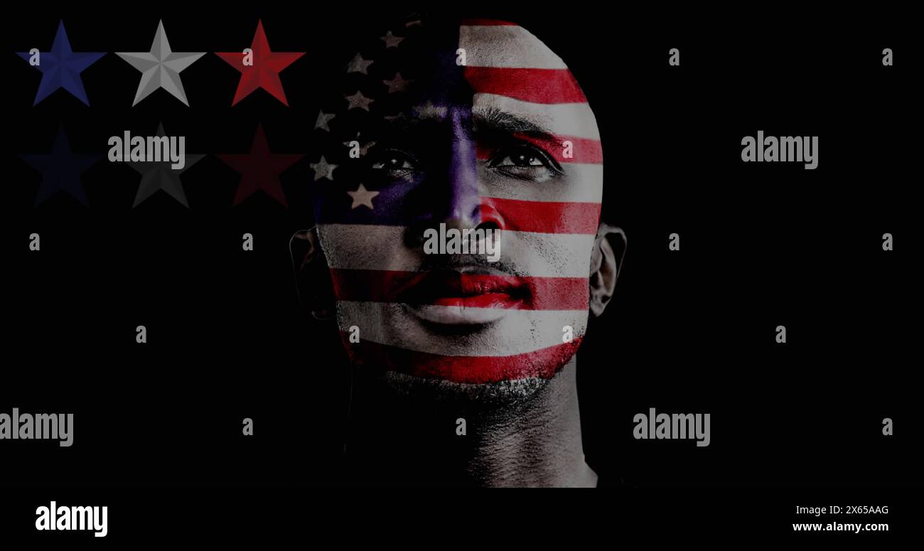 Image of red and blue stars and man with american flag on black ...