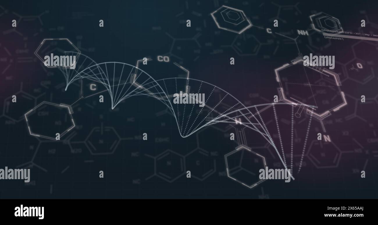 Image of dna strand and data processing over chemical formula on black background Stock Photo ...
