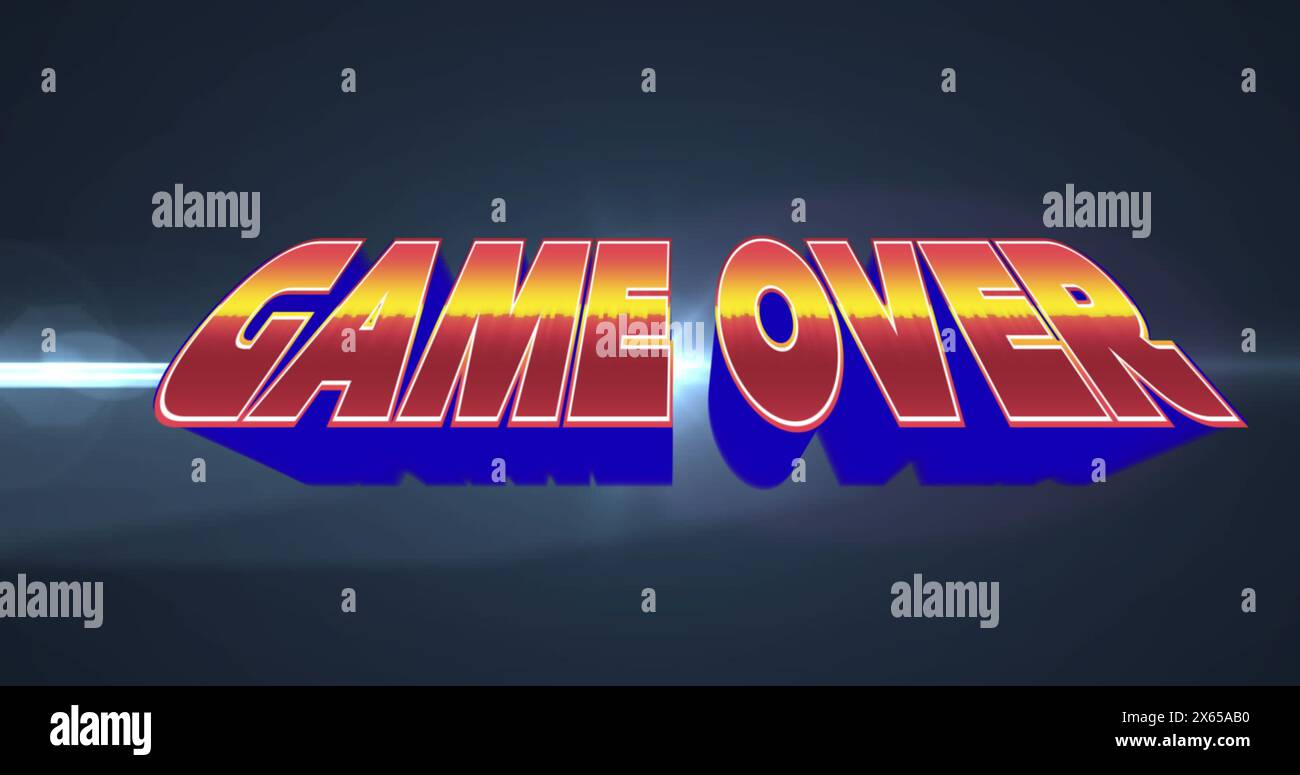 Game over text banner with shadow effect against light trail on blue ...
