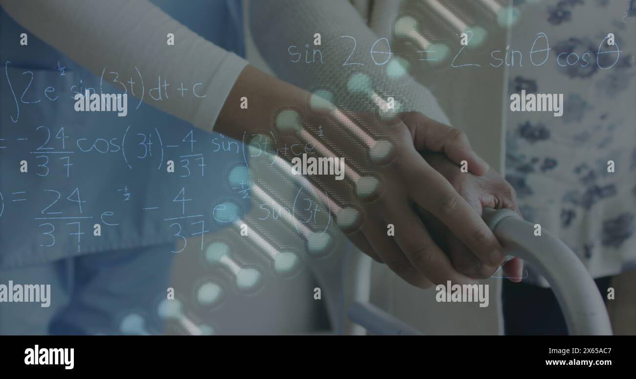 Image of medical data processing over caucasian female nurse helping ...