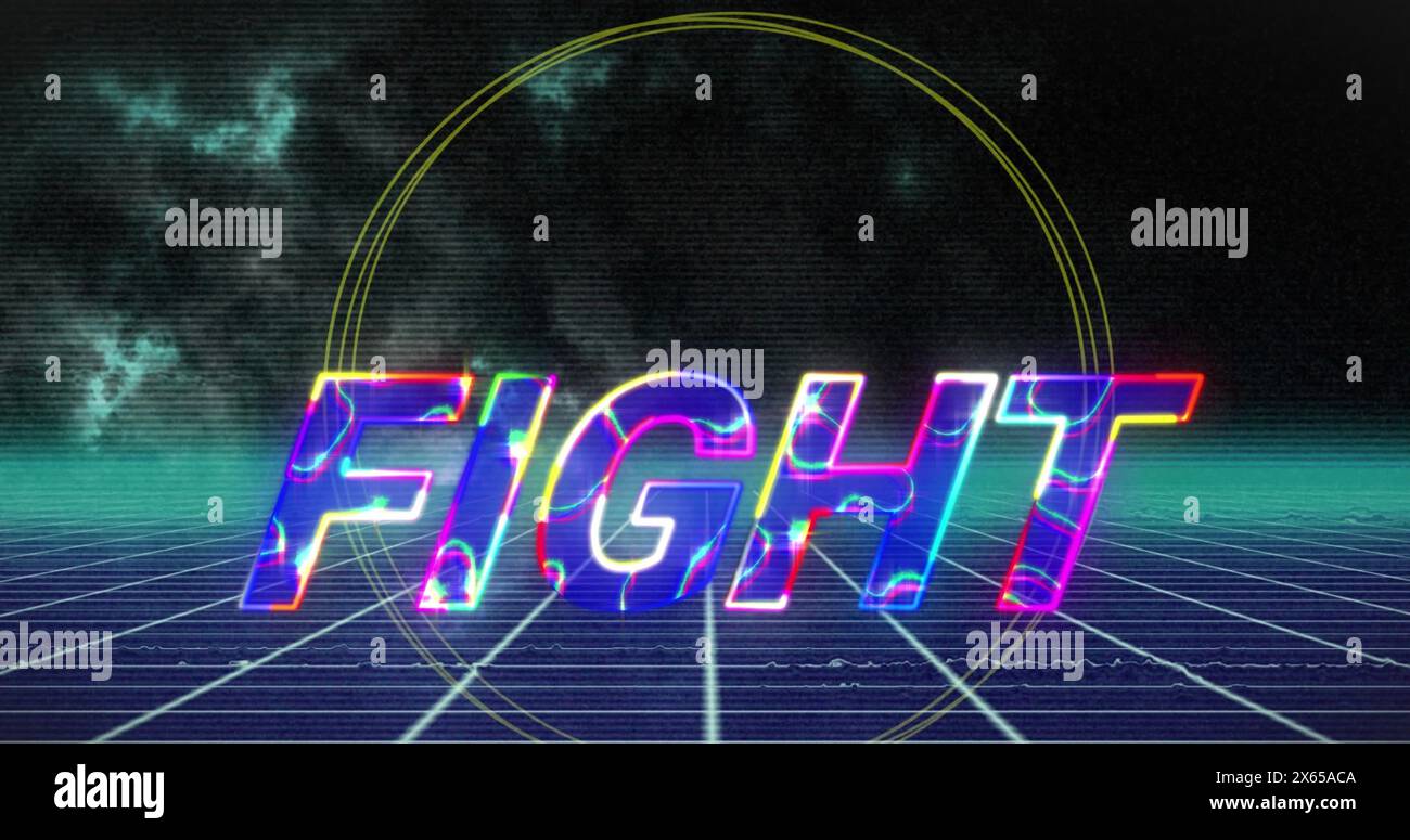 Neon glowing fight text banner over circular banner against grid ...