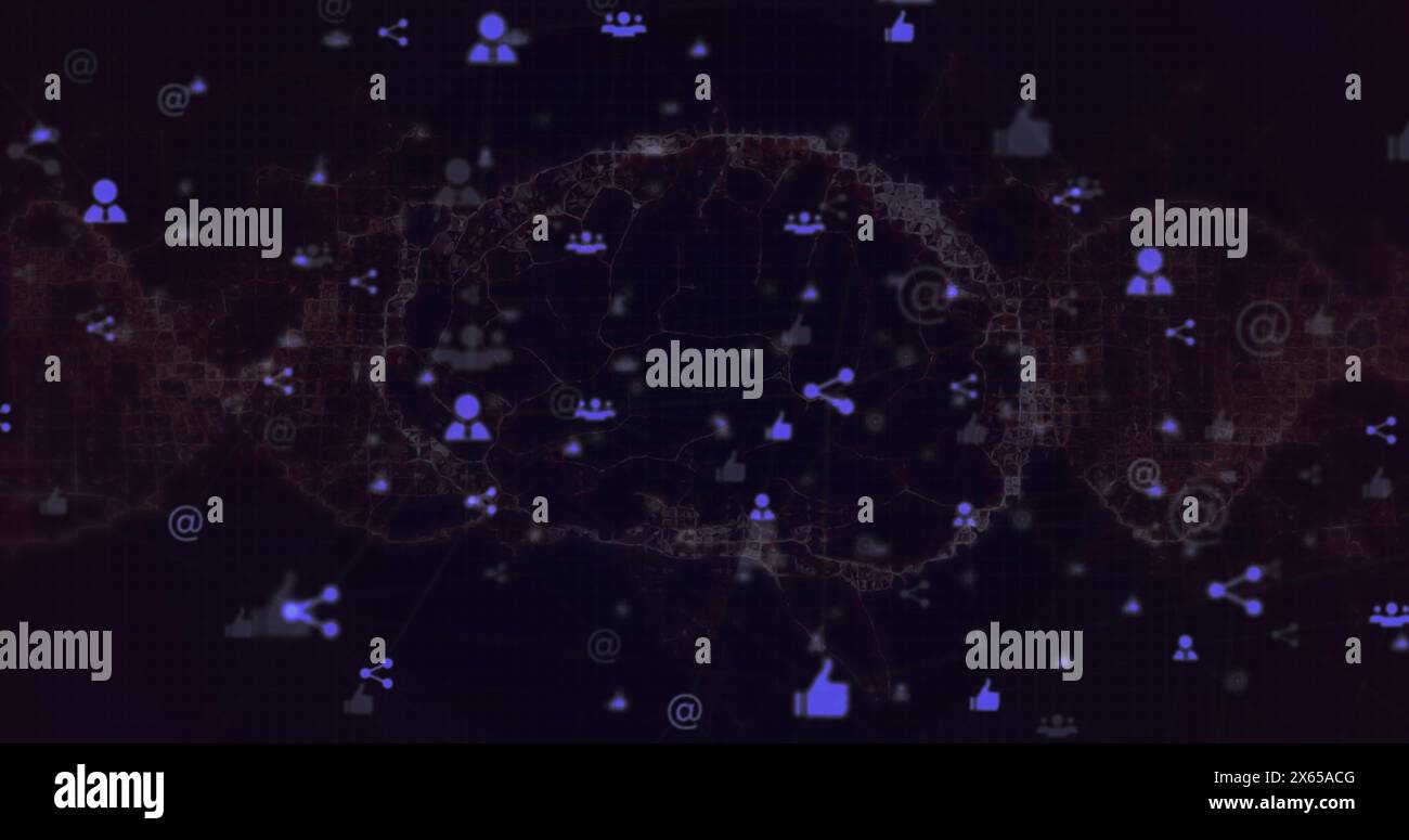 Digital icons and network symbols are overlaying dark, textured map ...