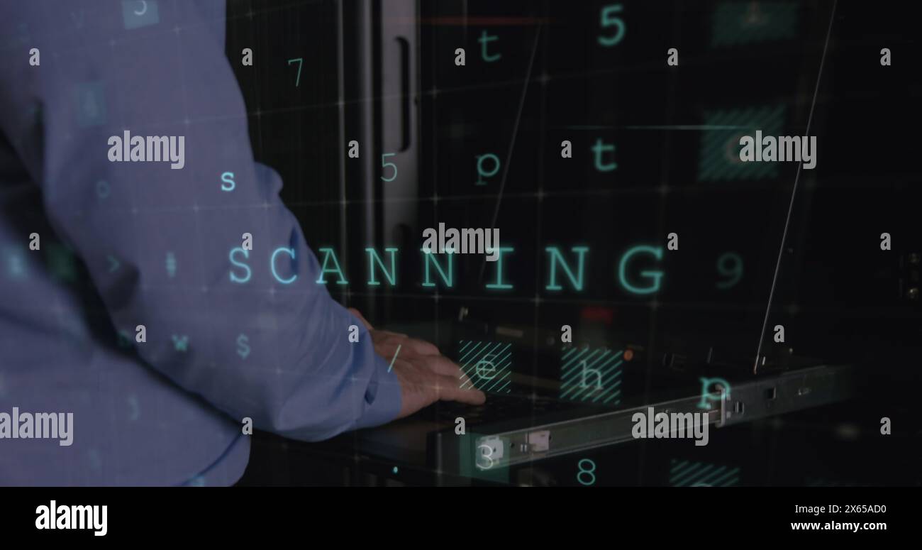 Image of data processing with cyber attack warning over technician and computer servers Stock ...