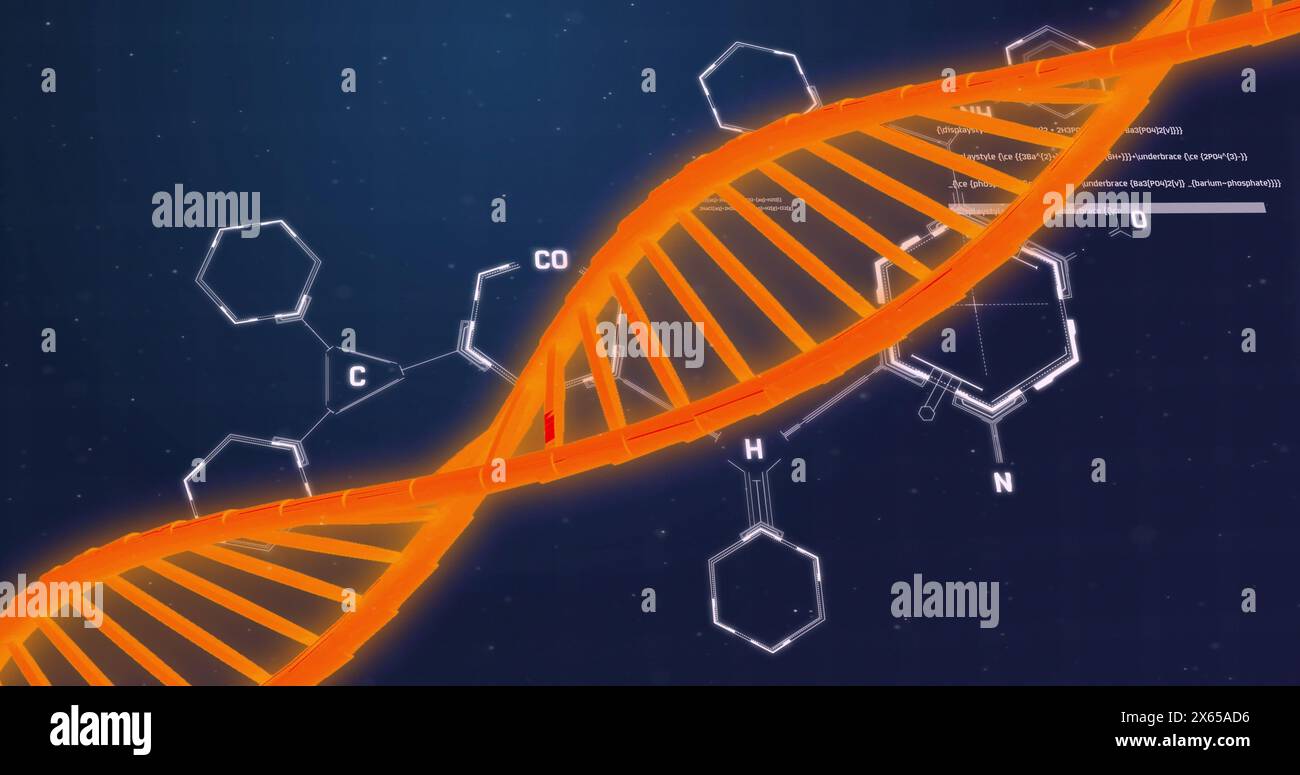 Image of dna strand and data processing with chemical formula on black ...