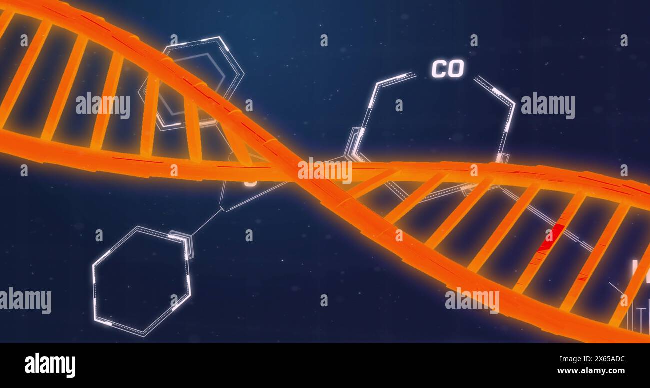 Image of dna strand and data processing with chemical formula on black ...