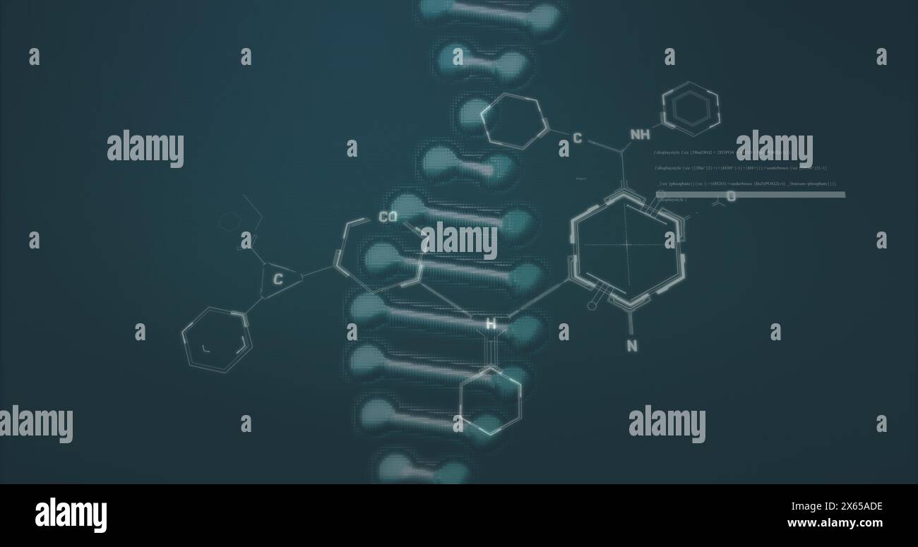 Image of dna strand and data processing with chemical formula on black ...