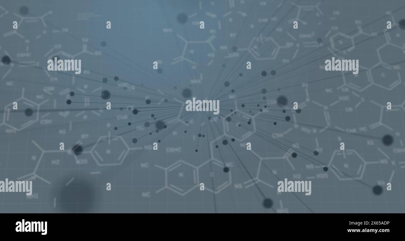 Image of network of connections over chemical formula on grey ...