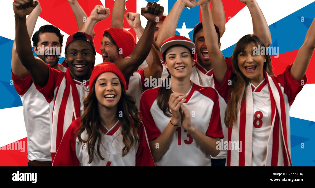 Image of group of people raising hands over american flag Stock Photo ...