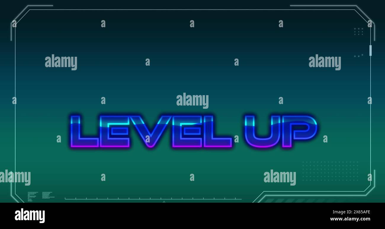 Level up text banner against abstract shapes on green and blue gradient ...