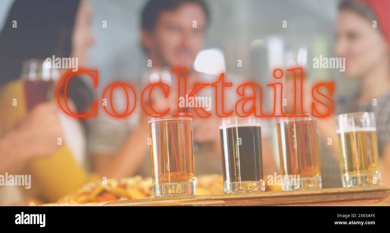 Image of red cocktails neon text over diverse friends drinking and ...
