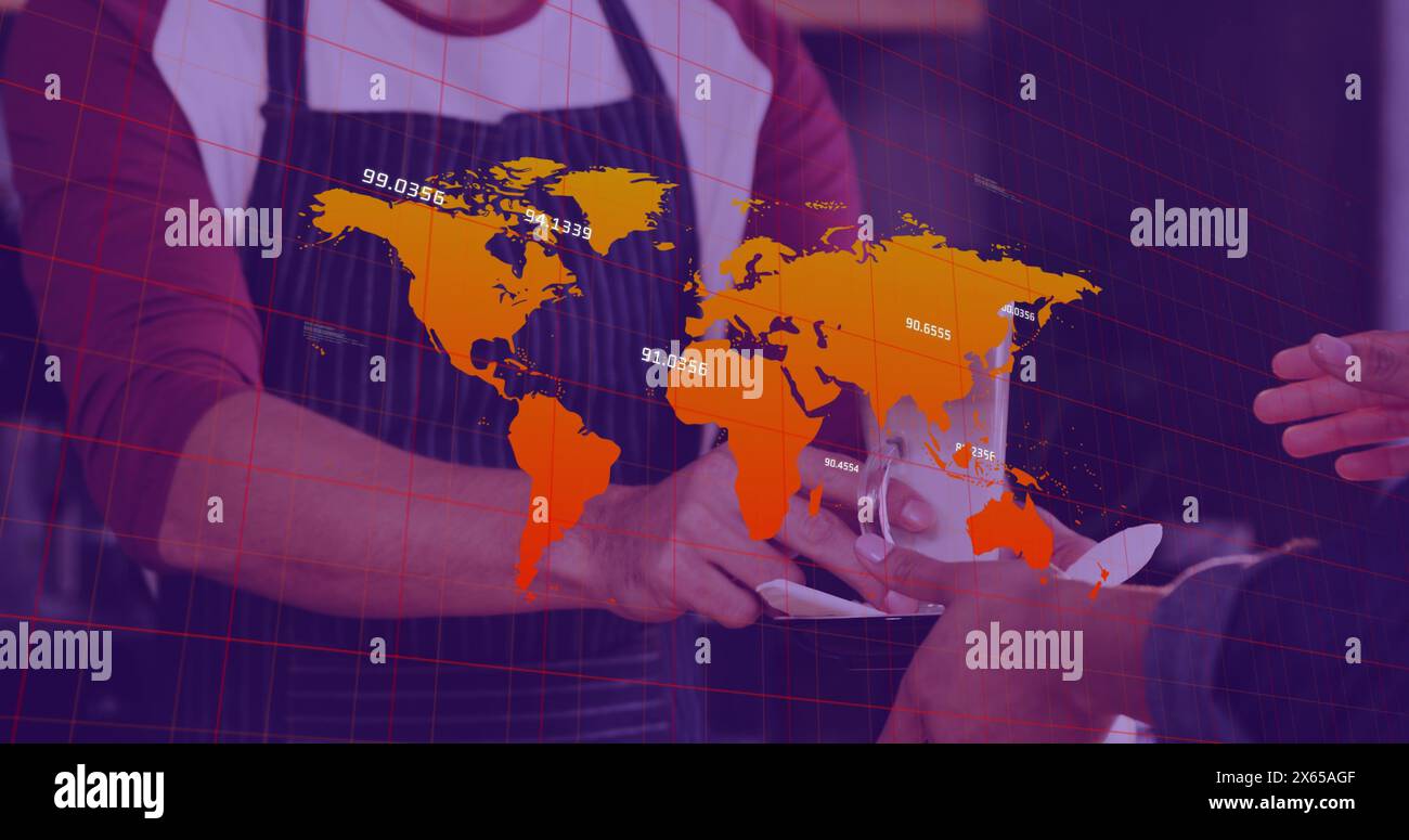 Image of world map over caucasian waiter giving coffee to customer ...