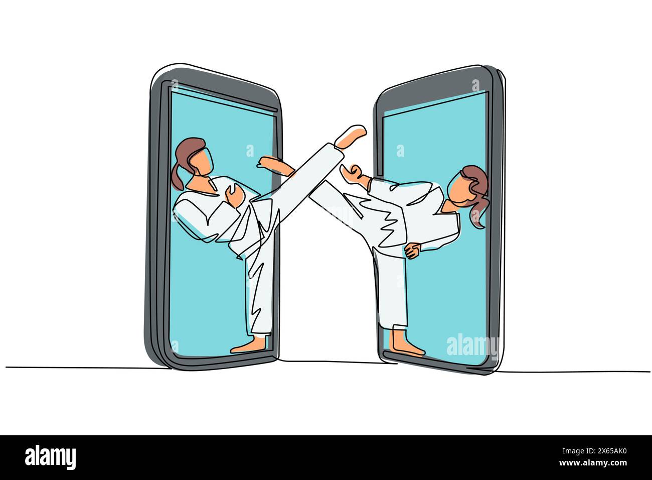 Single one line drawing two woman karate fighters comes out from ...