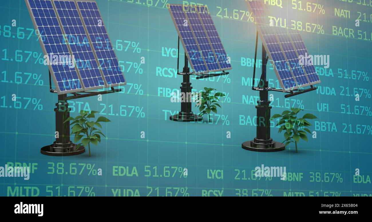 Image of stock market data processing over three solar panels and plant ...